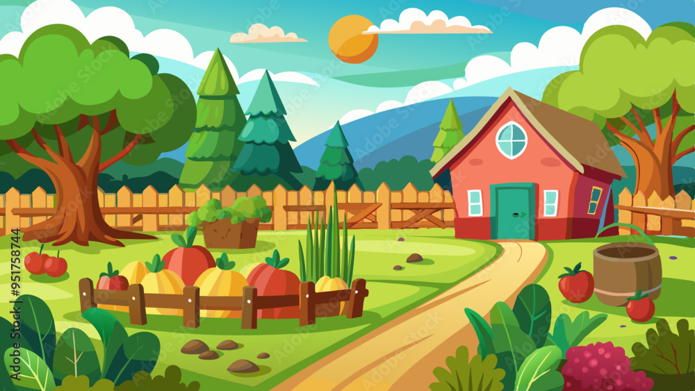 landscape with houses and trees. Funny countryside scenery with a ...