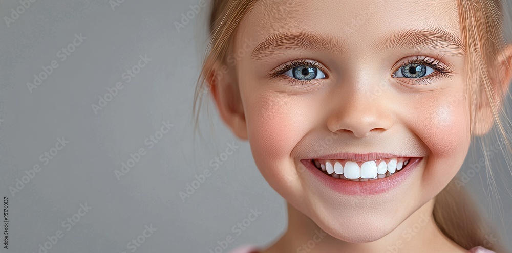 MC Image of a smiling young girl with a beautiful white smile on a gray ...