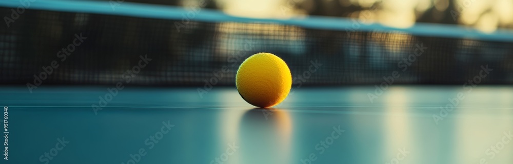 Over a ping pong net, a ping pong ball is hit by a ping pong rack Stock ...