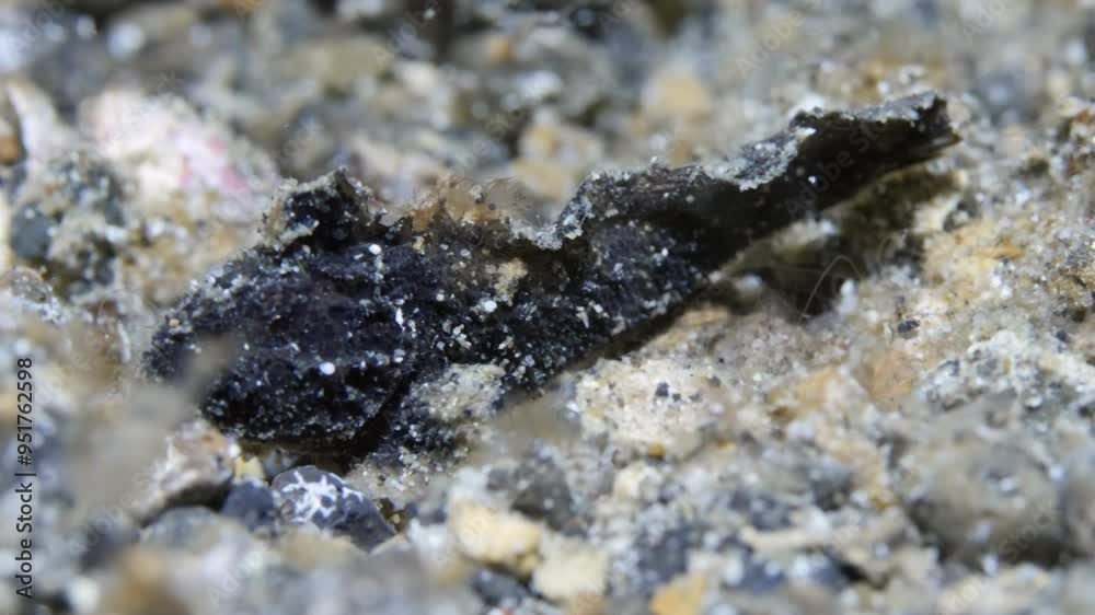 A mysterious black sea creature lies motionless on the ocean floor ...