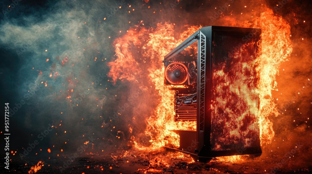 A powerful explosion of fire and smoke consumes a gaming PC ...