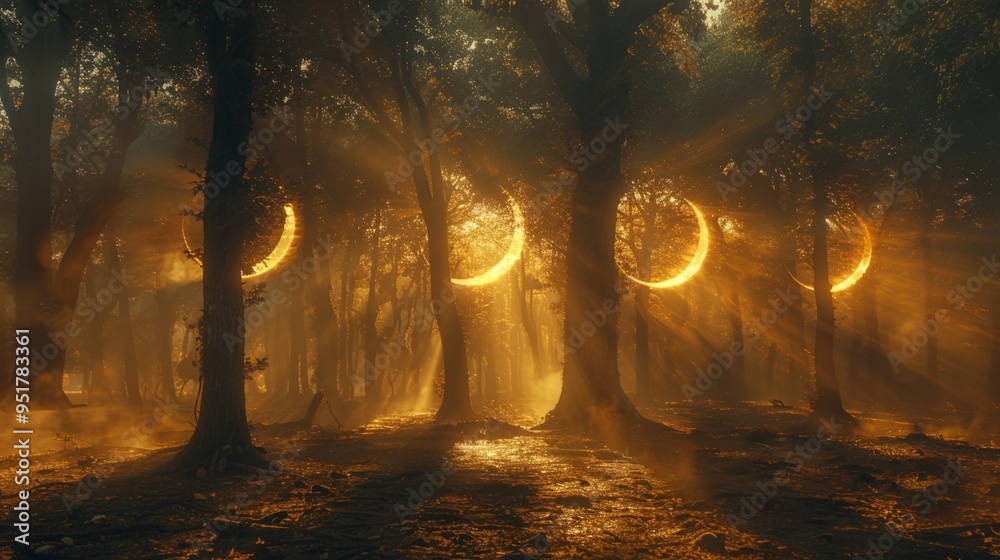 Depict the surreal beauty of crescent-shaped shadows dappling the ...