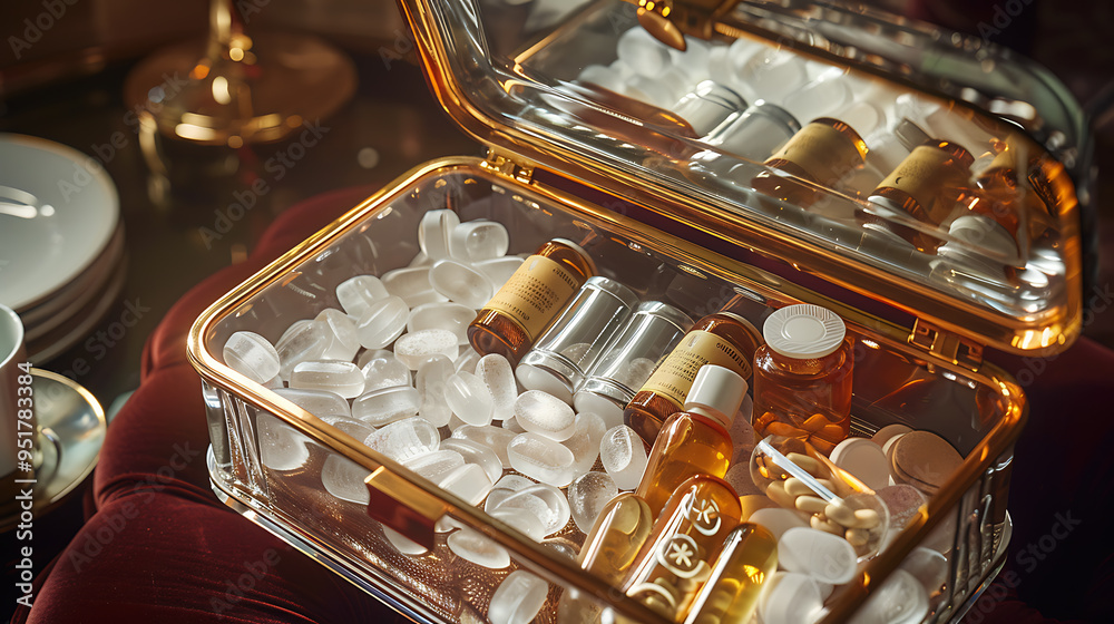 A clear glass box with gold trim contains various bottles and pills ...
