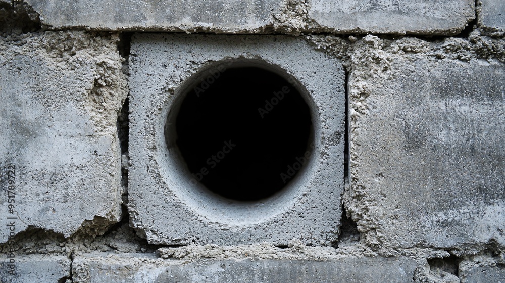 Circular hole in a cinder block wall showing the rough, gray blocks ...