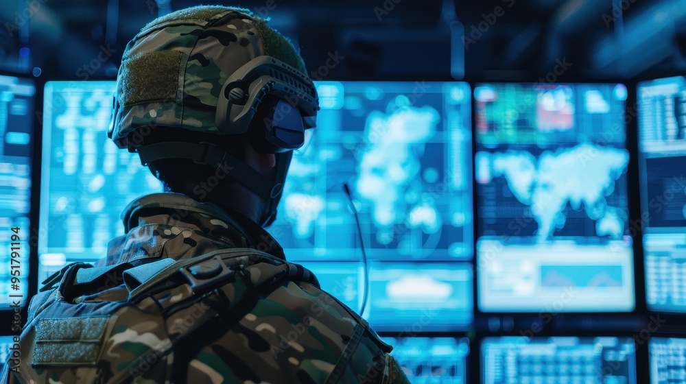 Soldier Strategizing in War Room, engaged at control panel, overseeing ...