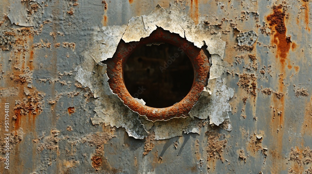 Realistic bullet hole in a metal wall, with peeling paint and rust ...