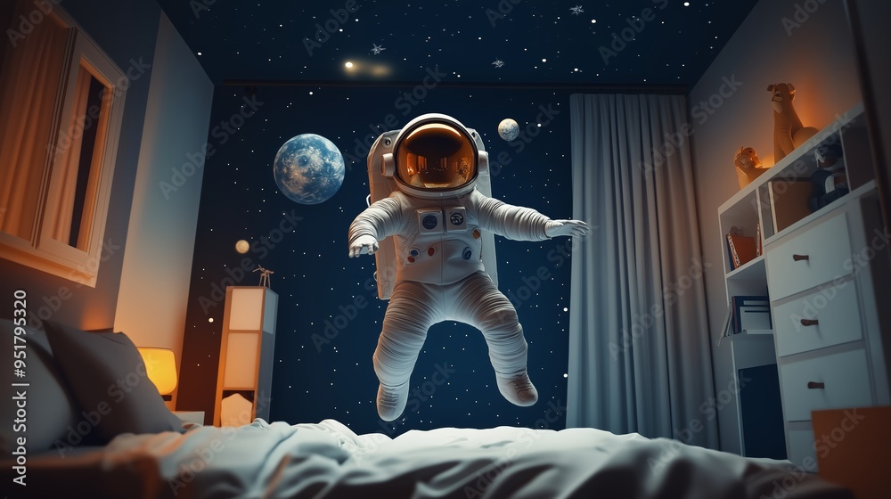 Astronaut floating above bed in a starry-themed bedroom, blending space ...