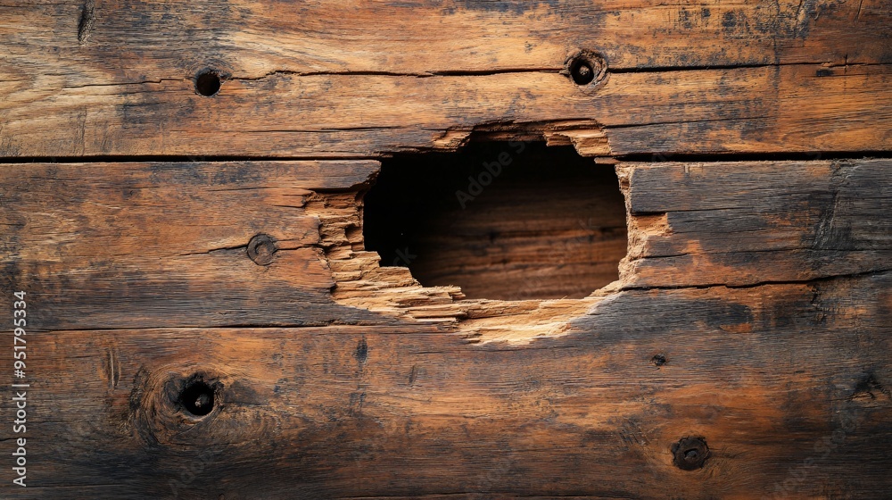 Realistic hole in a wooden panel revealing a hidden compartment behind ...