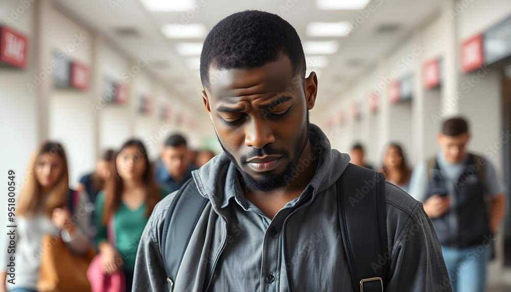 Bullying, depression and sad university student, black man and mental ...