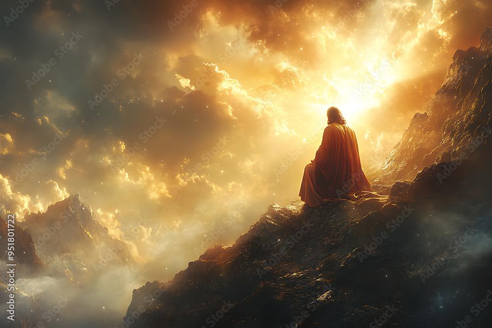 Jesus Christ kneels on a mountain, folding His hands in prayer and ...