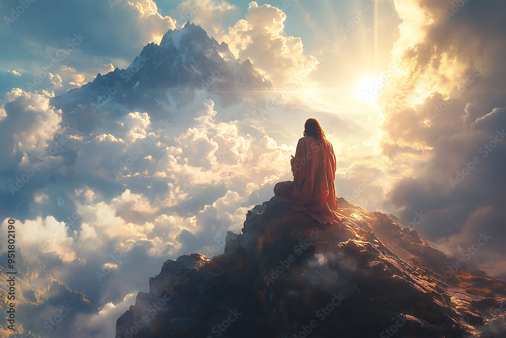 Jesus Christ kneels on a mountain, folding His hands in prayer and ...