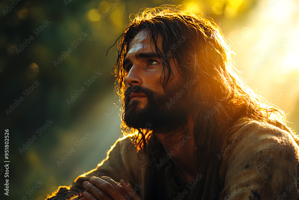 Jesus Christ, folding his hands and raising to the mountain, standing ...