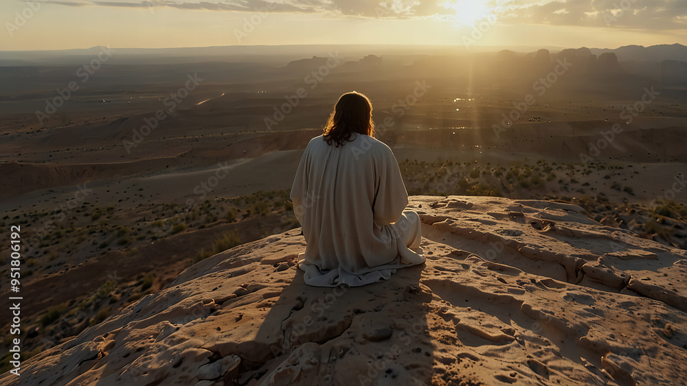 Jesus Christ Praying in the Desert with Serene sunset Sky, Capturing a ...