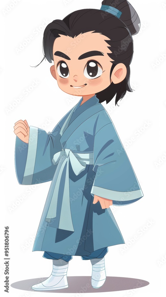 Cartoon style, full body shot, an ancient Chinese man wearing a blue ...