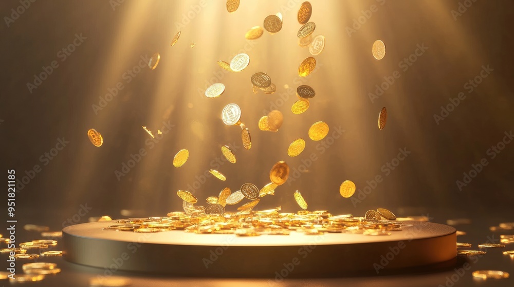 Gold coins explode from a podium, scattering in all directions ...