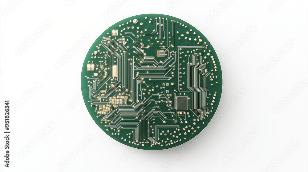 A green, round circuit board with a white background, featuring a ...