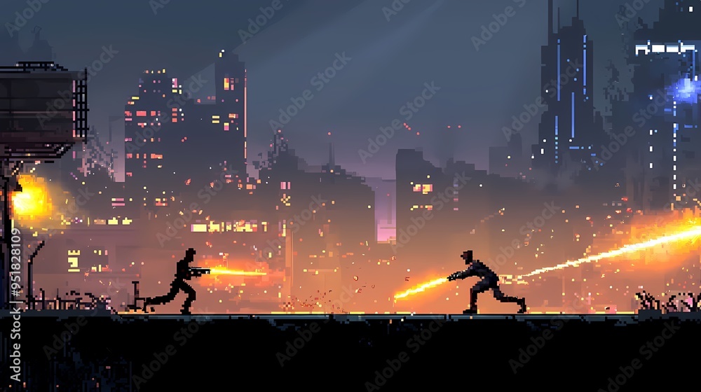 Two silhouetted figures in an intense pixel art gunfight against a neon ...