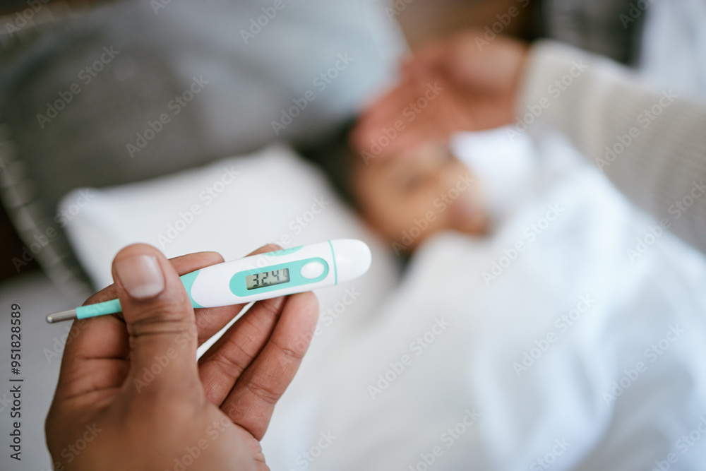 Sick, kid and parent in bed with thermometer for cold, flu or infection in home for child ...