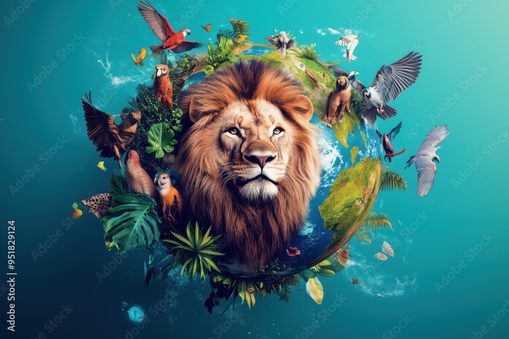 3D rendering showcasing a lion's head as the focal point on a globe ...