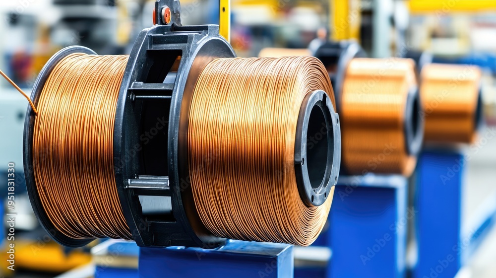 Copper wire spools in a manufacturing facility showcase the intricate ...