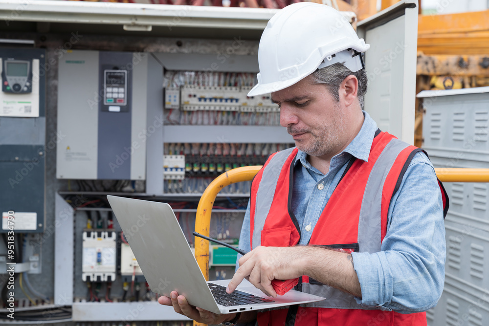 Male electrician checking, repair, maintenance operation electric ...