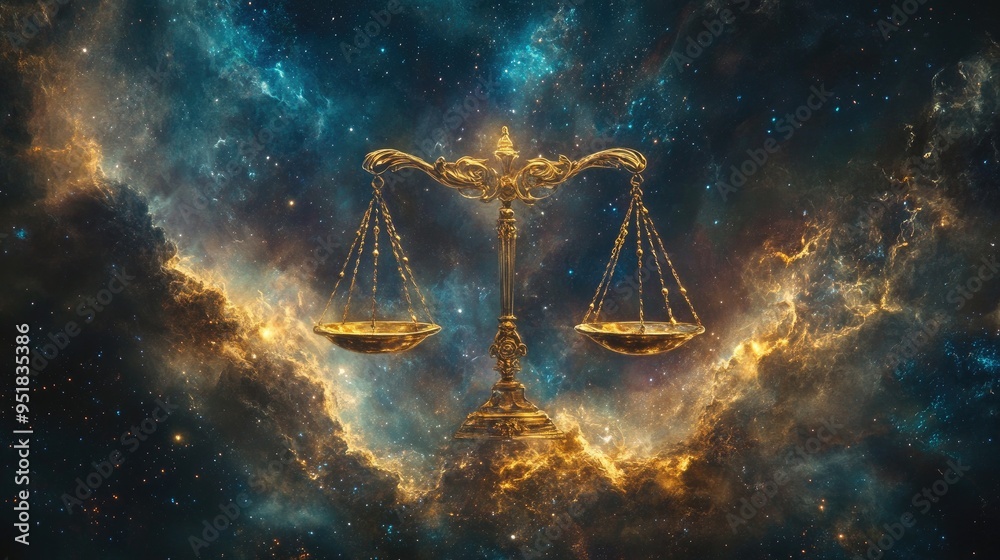 The symbol of Libra suspended in the vastness of space, enveloped by ...