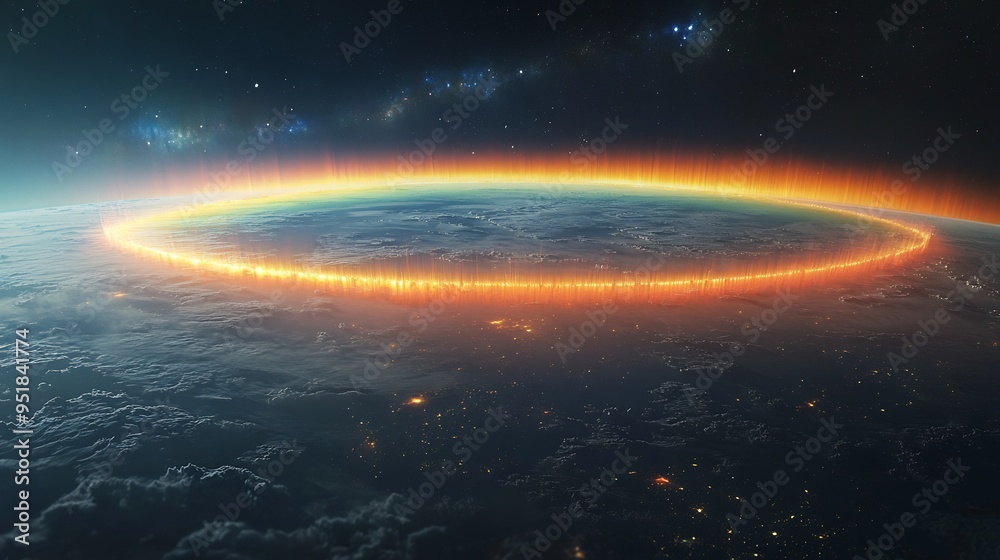 3d visual flat earth where the edge is illuminated by a continuous ...