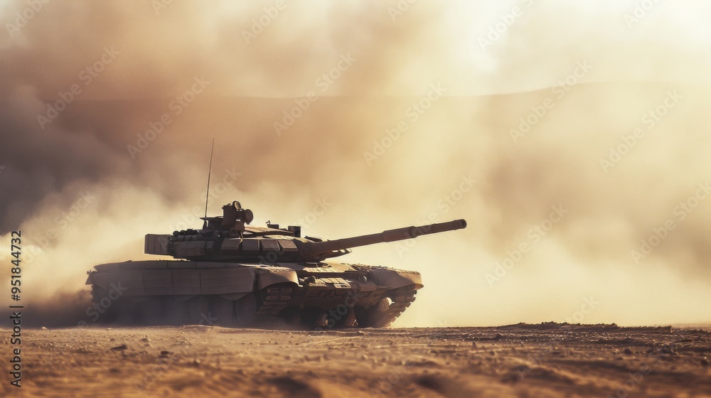A formidable tank moves through a dusty battlefield, enveloped in ...