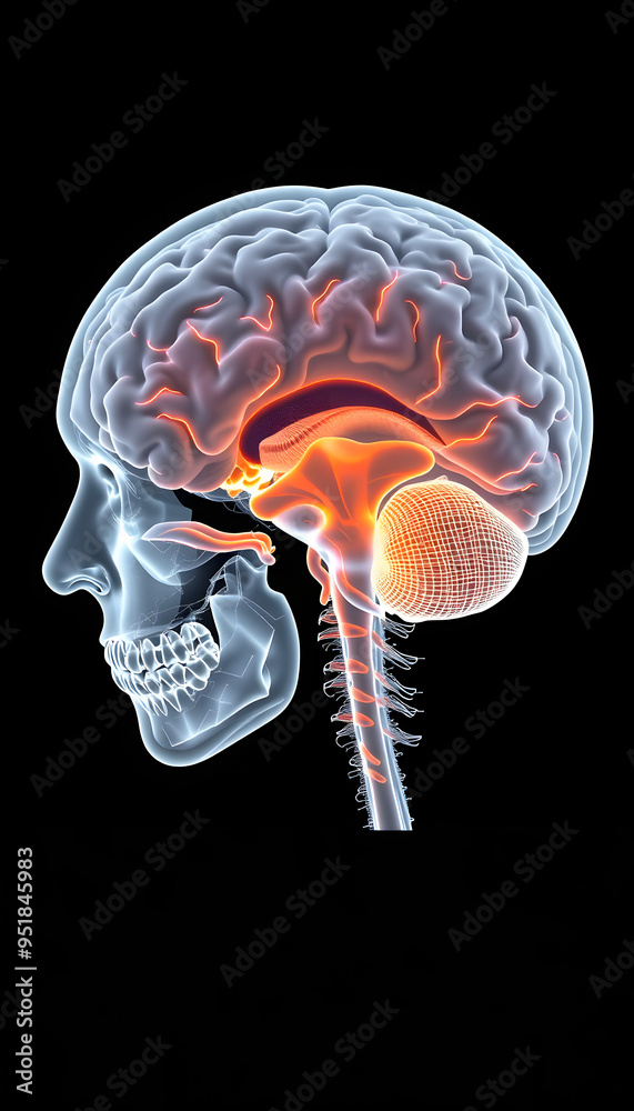 Hippocampus x-ray profile close-up view 3D rendering illustration with body contours. Human ...