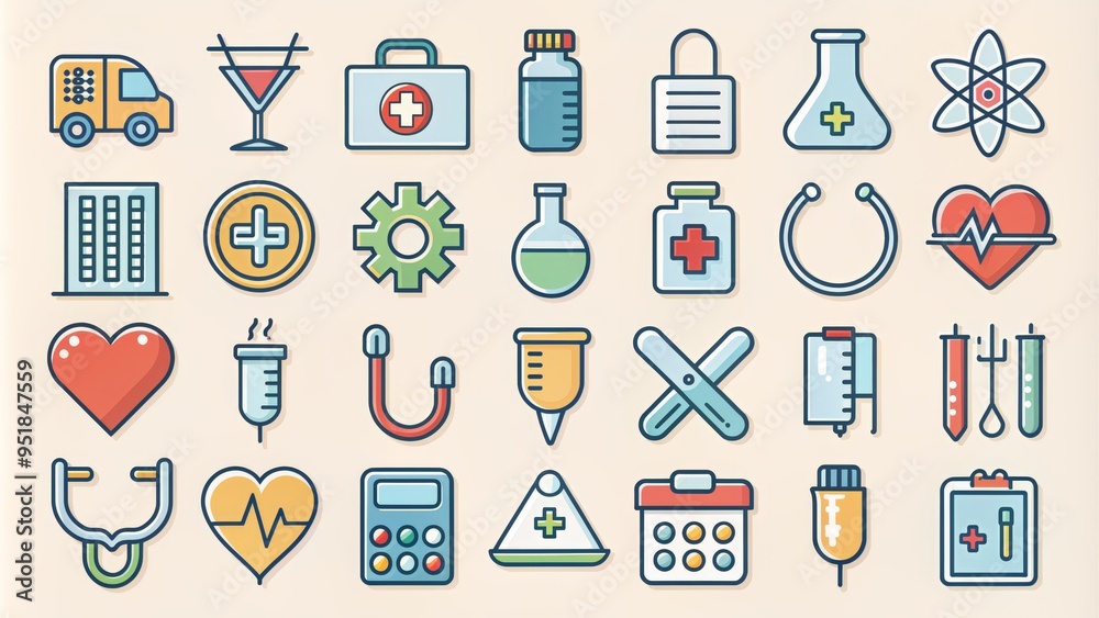 Medical Icons Illustration - Line Art Style with Color Fill, Healthcare ...