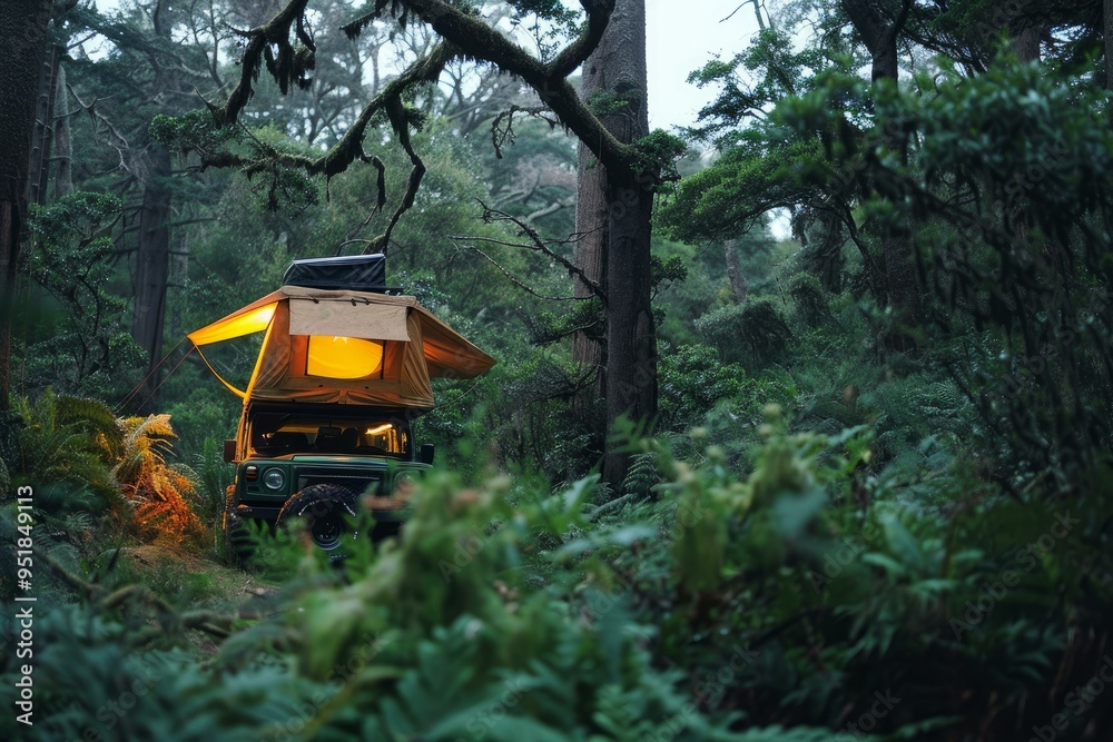 Off road vehicle is camping in a lush green forest with its rooftop ...