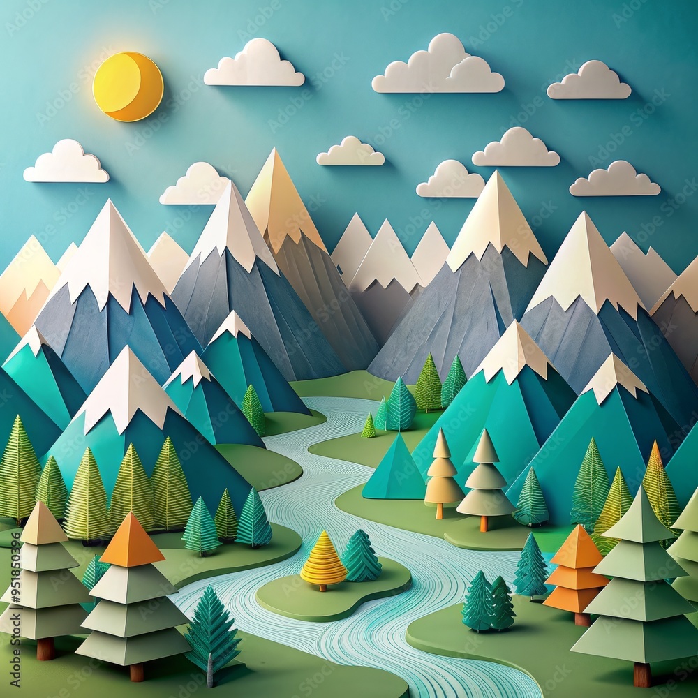 Papercraft Mountain Landscape with River and Trees, papercraft , 3d art ...