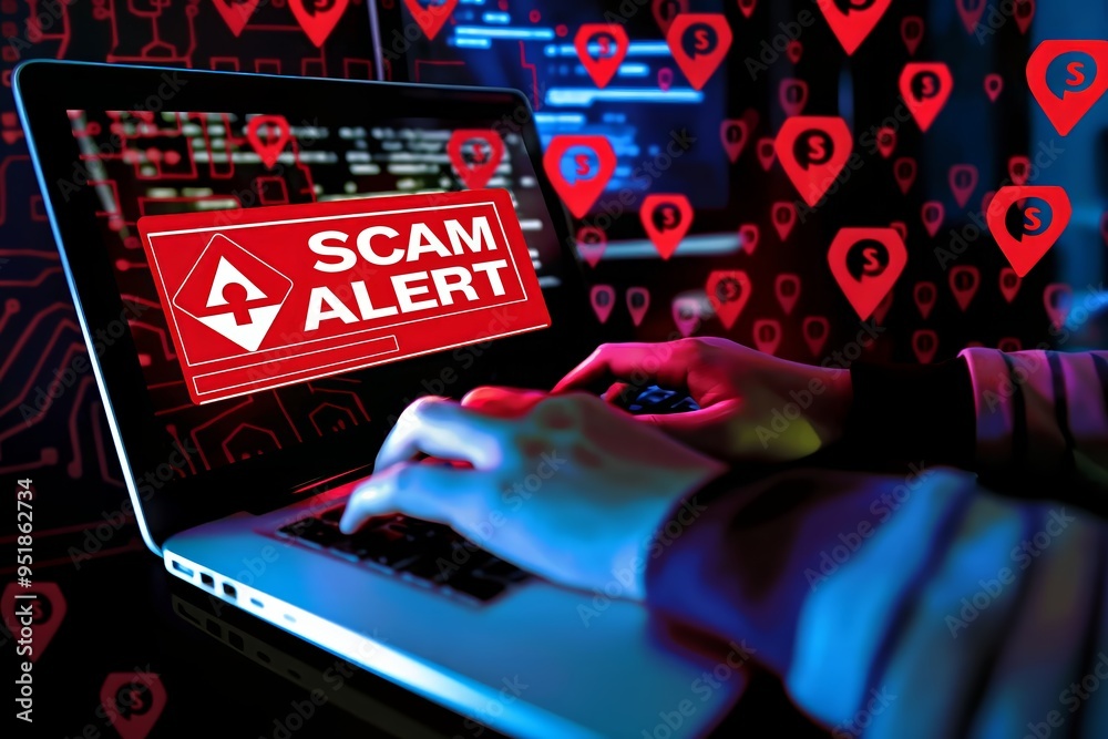 Hands typing on laptop with SCAM ALERT warning message online fraud and ...