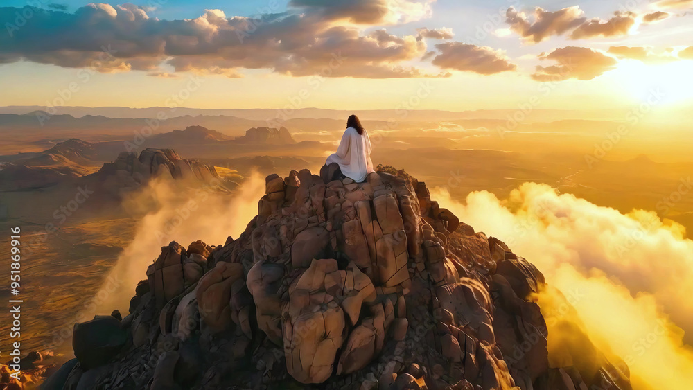Jesus Christ Praying in the Desert with sunset Serene Sky background ...