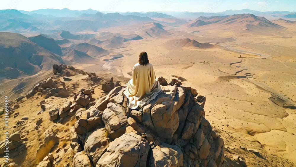 Jesus Christ Praying in the Desert with sunset Serene Sky background ...