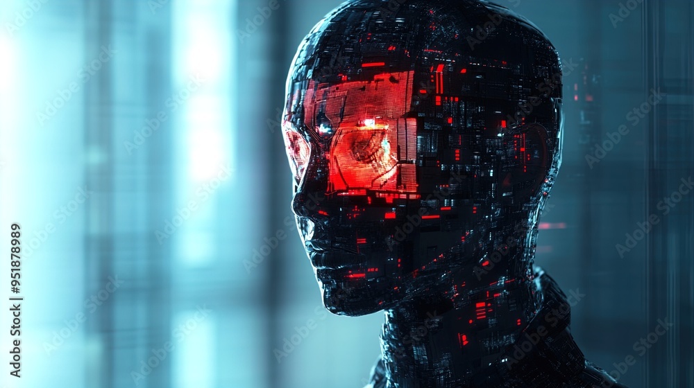 The image portrays a futuristic humanoid robot with a highly detailed ...