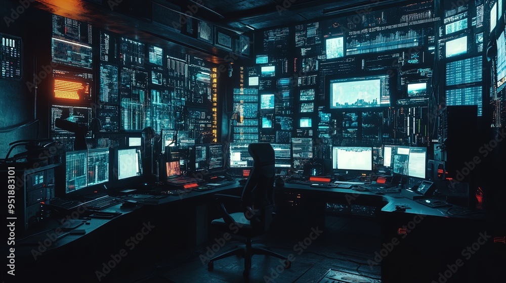 A dimly-lit room brimming with advanced technology and multiple ...