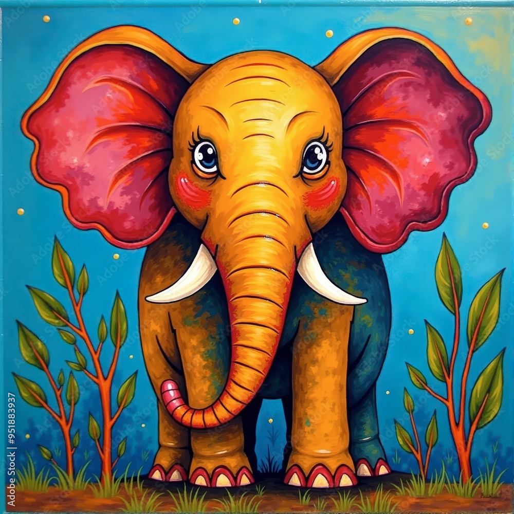 Folk art painting of an elephant with traditional patterns and earthy ...