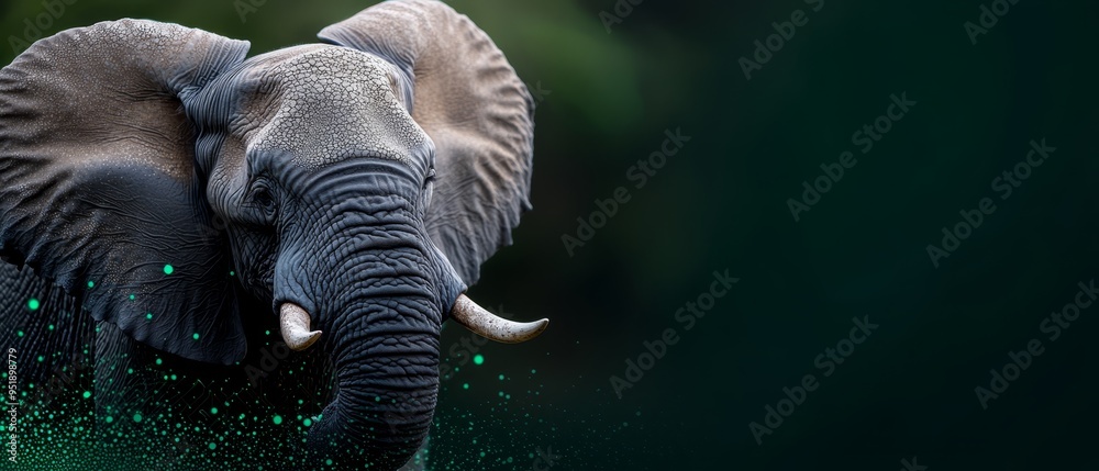 A tight shot of an elephant's face, displaying greenish spots on its ...