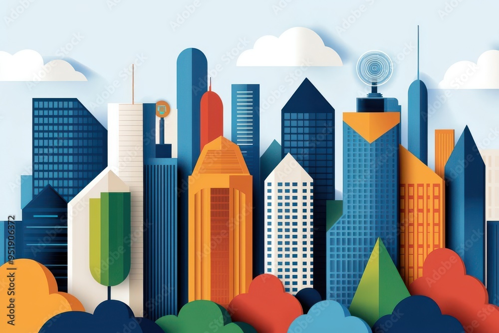 High-tech cityscape with smart buildings, automated systems, and ...