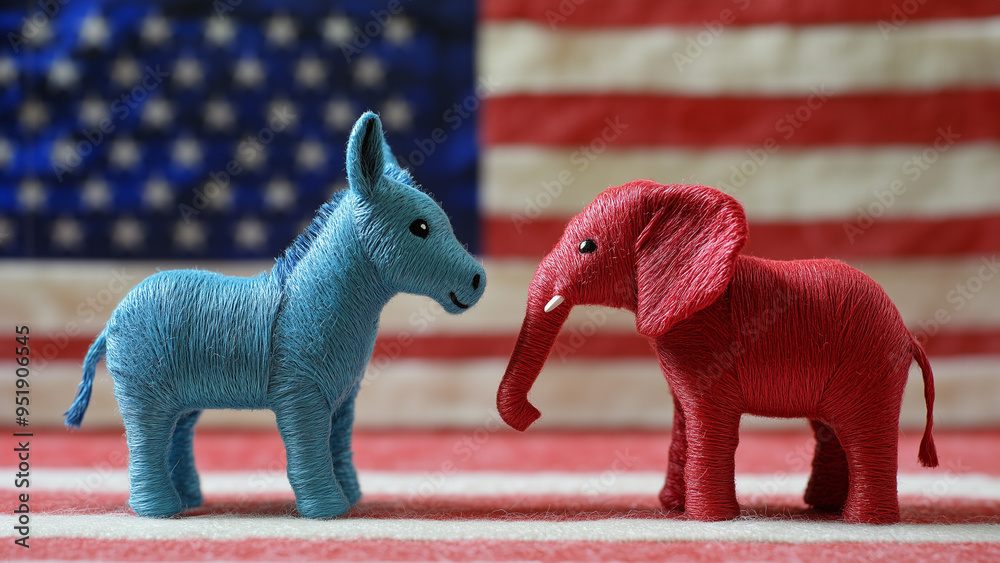 Blue donkey and red elephant cute toy mascots on US flag background ...