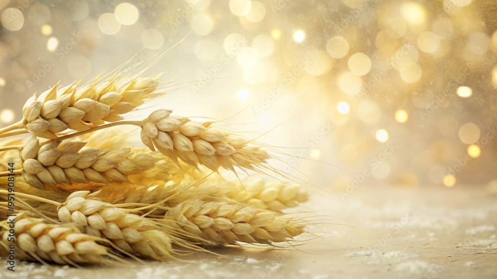 Soft golden light illuminates a vintage scene, where white wheat stalks ...