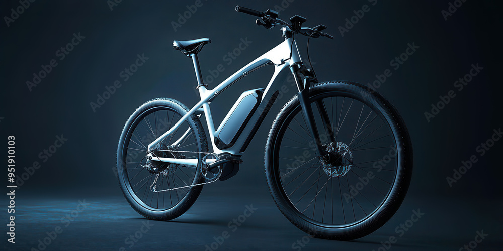 Modern electric bicycle with battery pack showcased against a dark ...