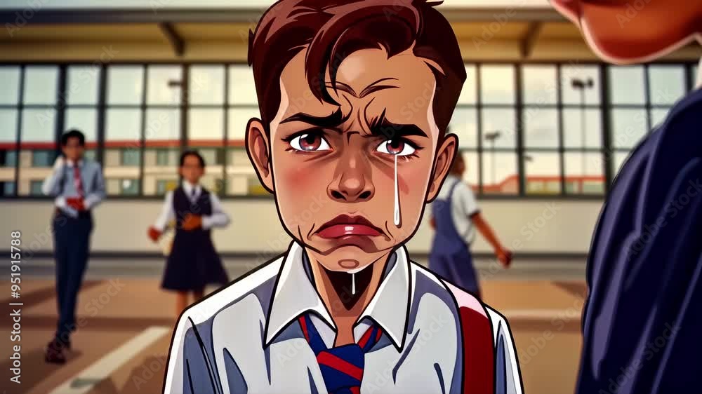 Sad school boy crying after being bullied in school playground ...