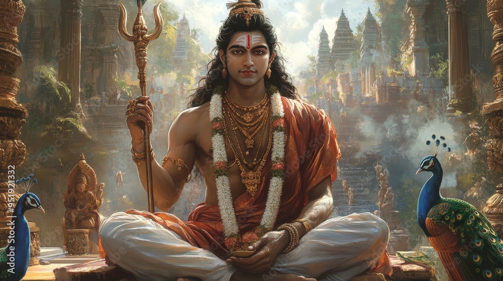 Divine Pose of Lord Muruga with Spear and Temple Backdrop Stock ...