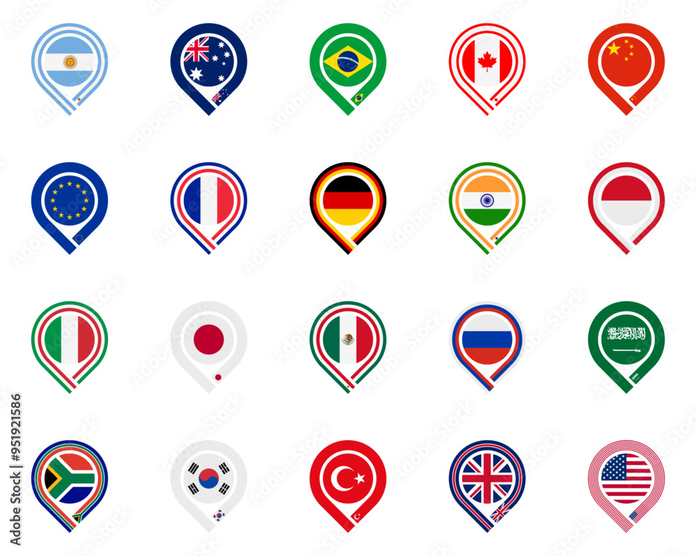 map pin icon set of 20 countries. vector illustration isolated on white ...