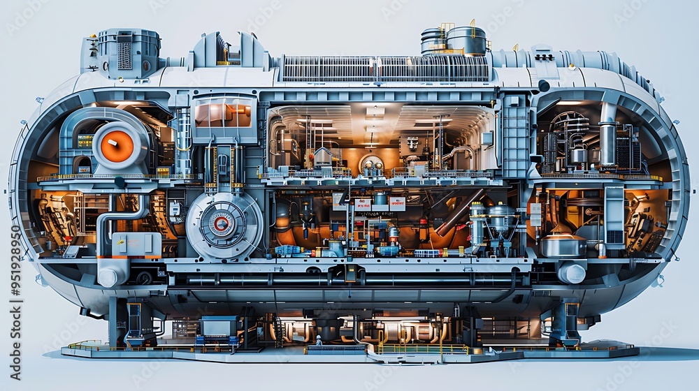 An intricate and futuristic cutaway of a modern nuclear fission reactor ...