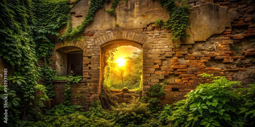 Warm yellow light spills from a gaping hole in worn brick, part-hidden ...