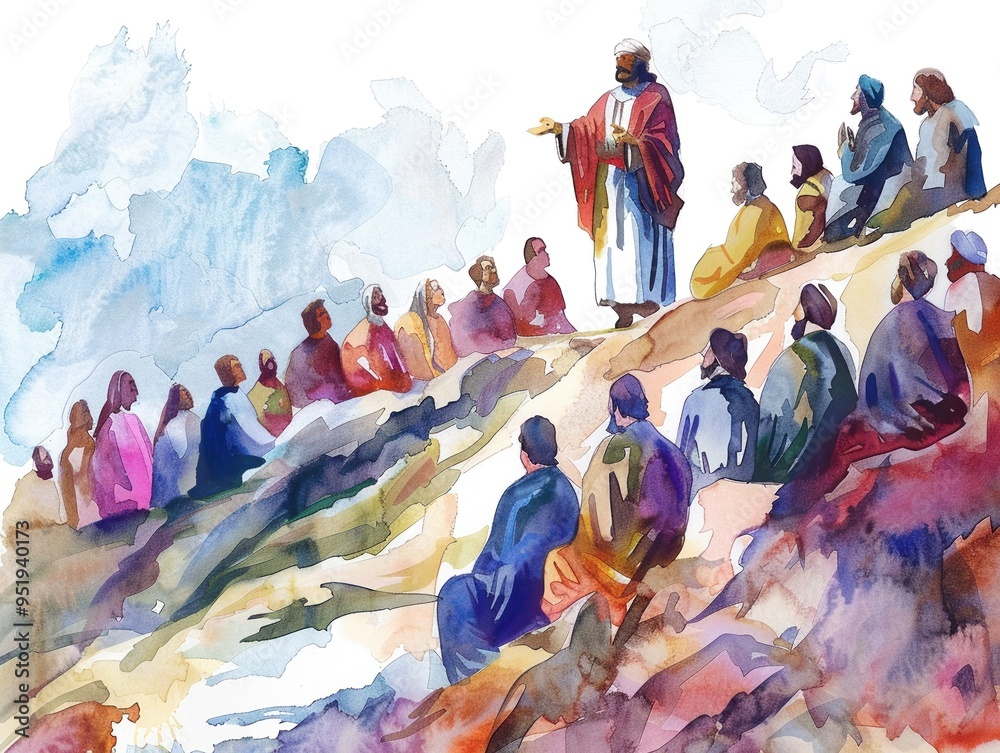 Watercolor illustration of the sermon on the mount capturing the ...