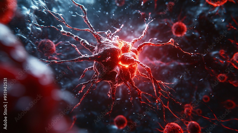 detailed view, nerve cell, long axon and dendrites, surrounded by red ...